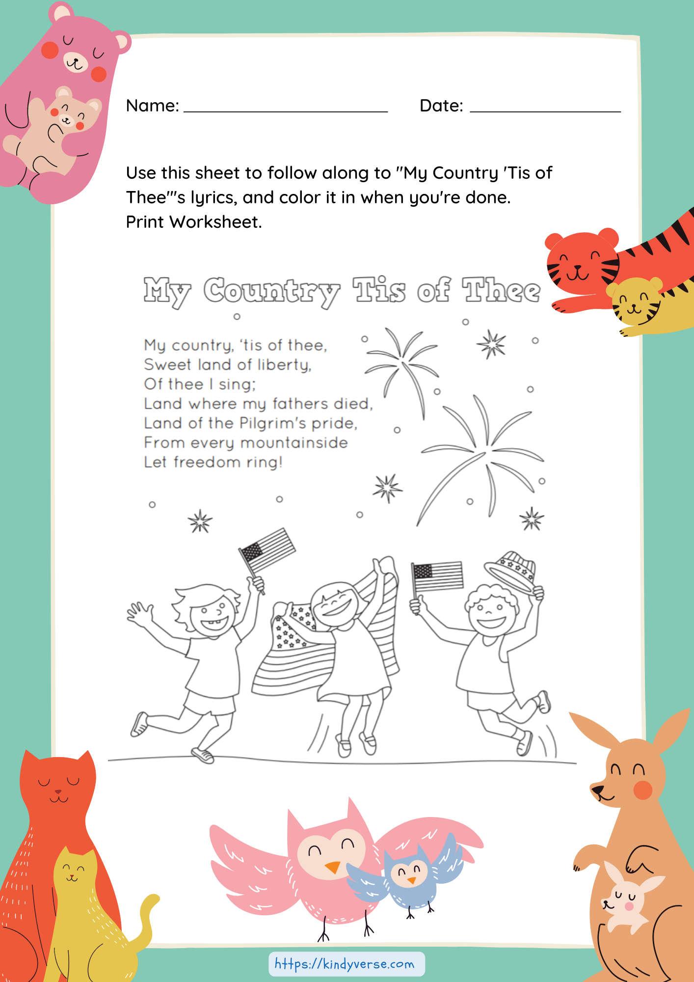My Country Tis of Thee Lyrics Worksheet - KindyVerse Kids